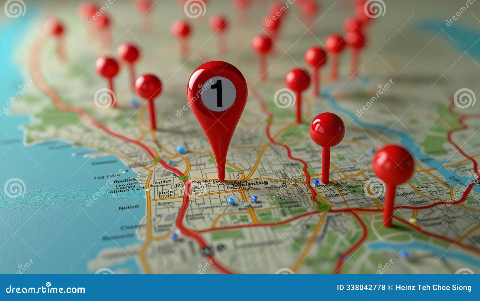 Red Push Pins Marking Locations On A Map Stock Photo | CartoonDealer ...