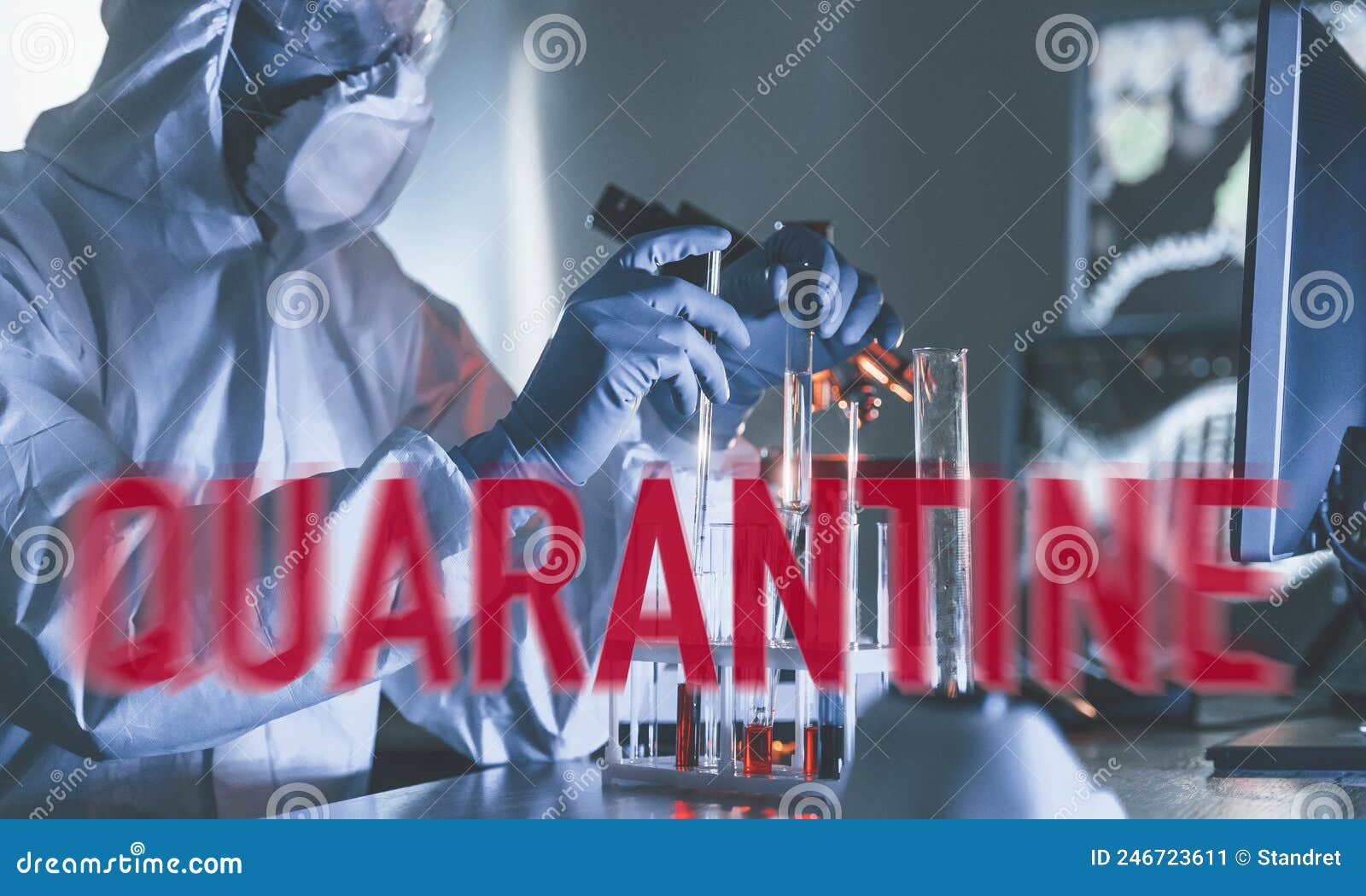 Red Quarantine Word. Scientist in Protective Uniform Working with Virus ...
