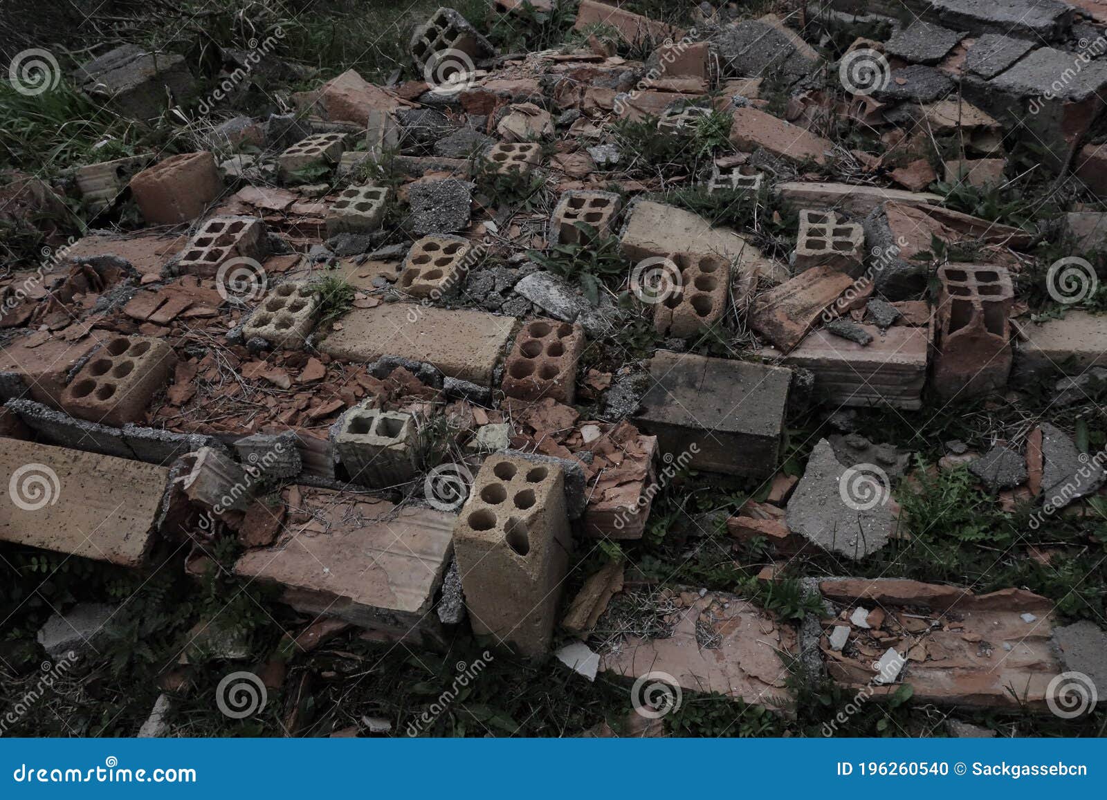 Composition of Fallen Brick Wall, Cement and Vegetation Stock Photo ...