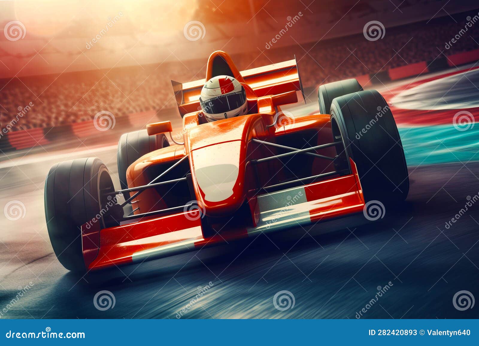 Red Race Car Driving on Track with Stadium in the Background ...