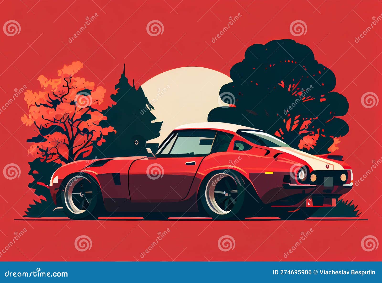 Red Racing Car Against the Backdrop of Trees on a Red Background. Stock ...