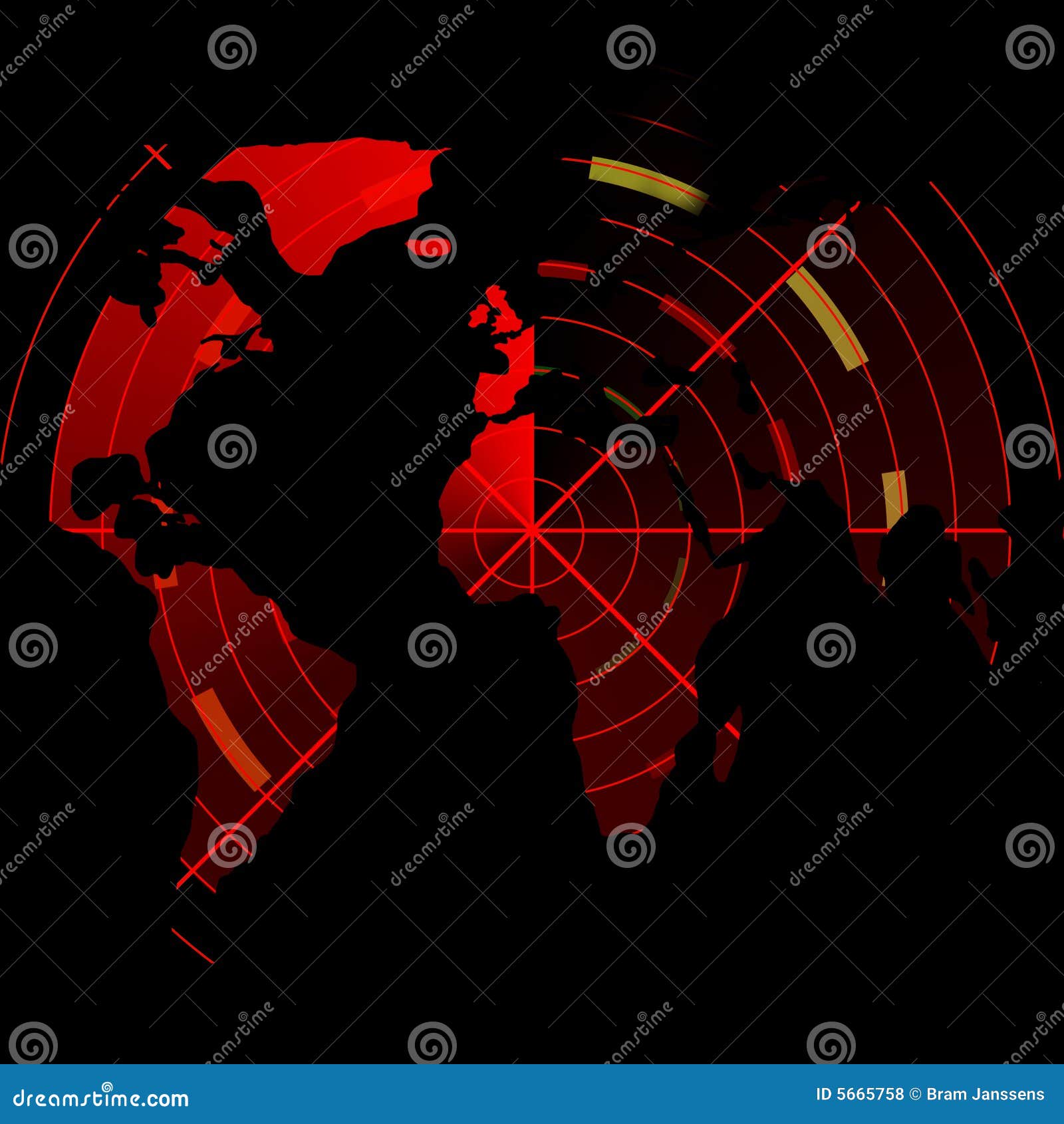 Red Radar Screen with Map Op the World Stock Illustration ...