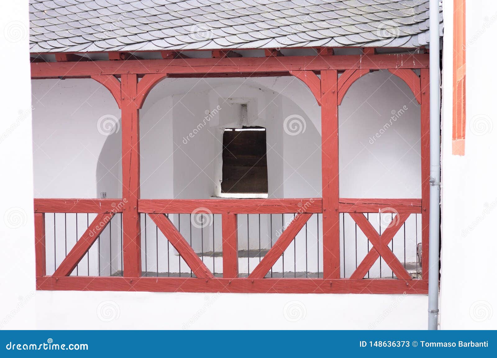 Red Railing of an Interior Balcony with Red Columns - Medieval ...