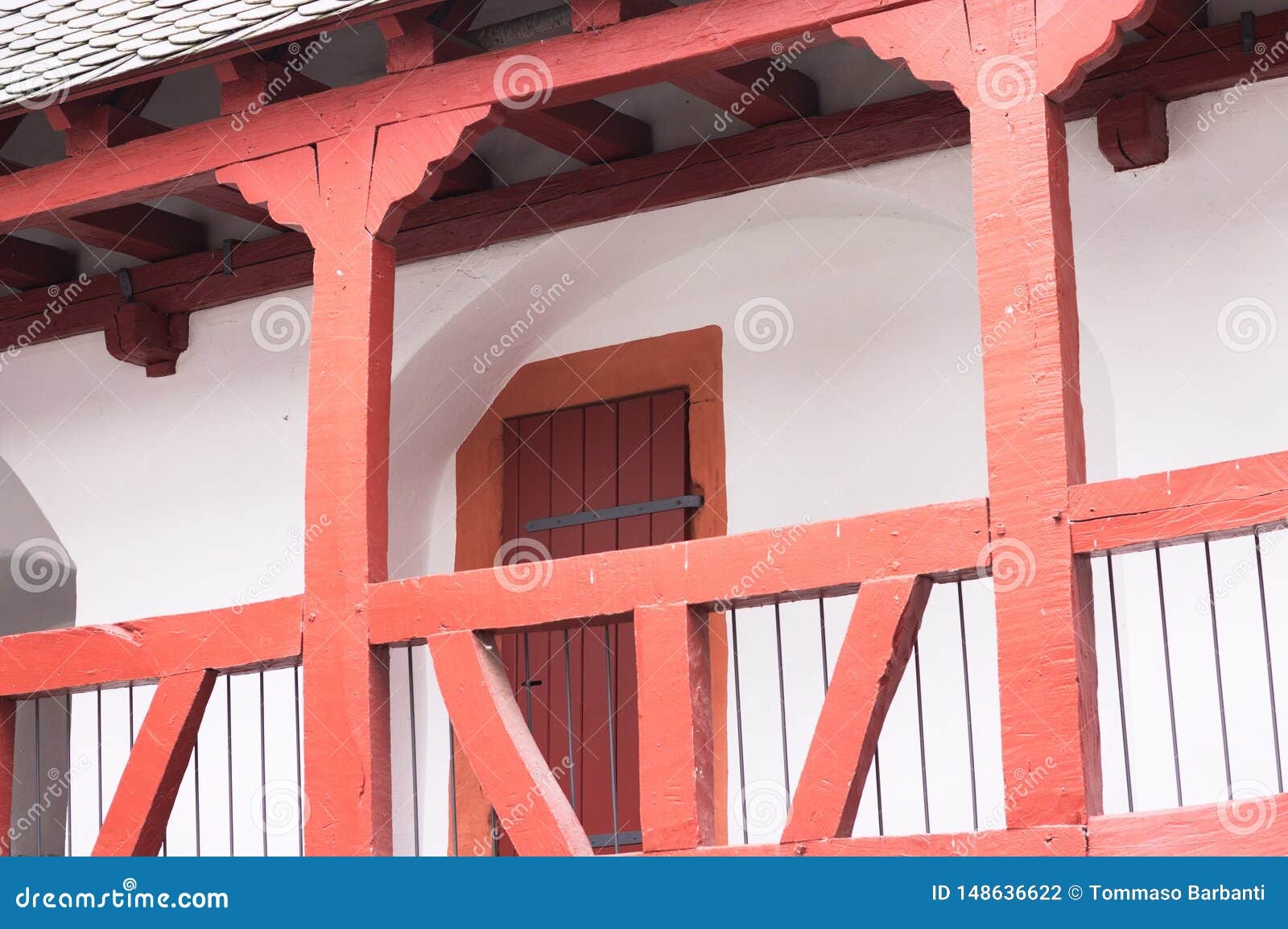 Red Railing of an Interior Balcony with Red Columns - Medieval ...