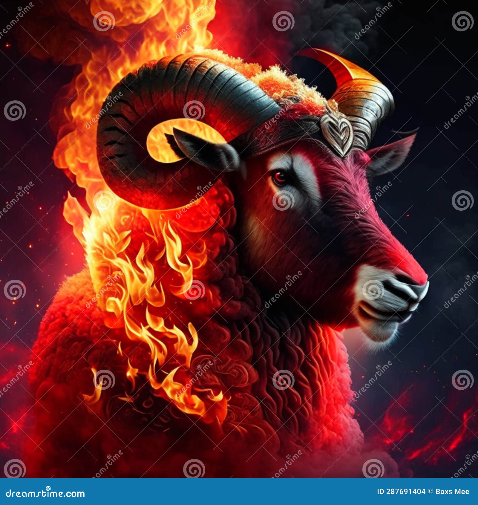 Red Ram with Horns on Fire Background. 3d Render Illustration Stock ...