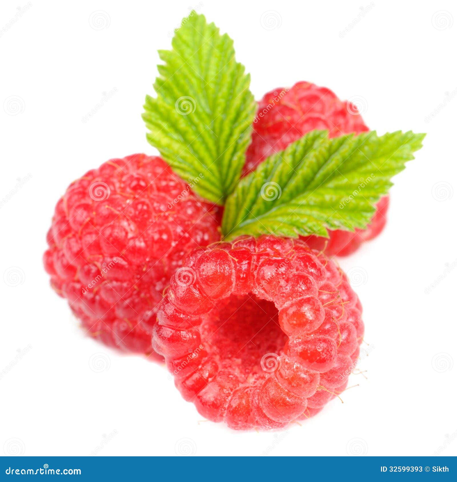 Red Raspberries with Green Leaves Isolated on White Background Stock ...