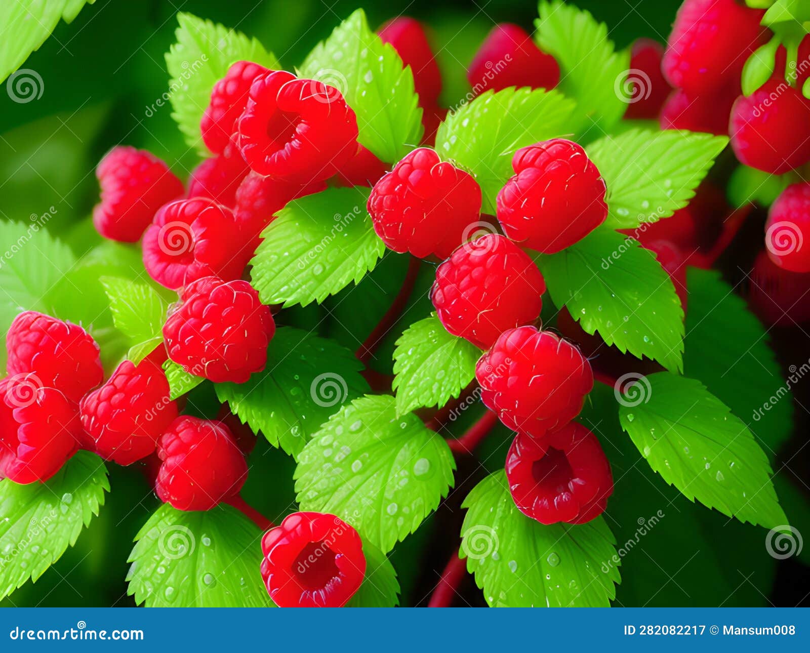 Red Raspberry with Green Leaves, Ai Generated Stock Illustration ...