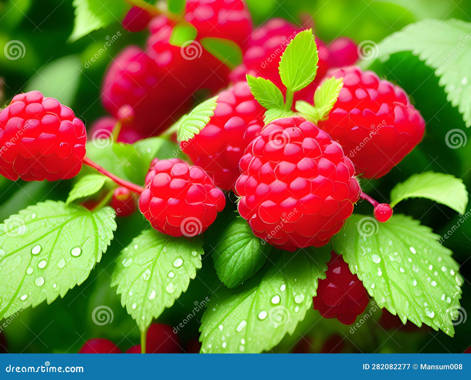 Red Raspberry with Green Leaves, AI Generated Stock Illustration ...