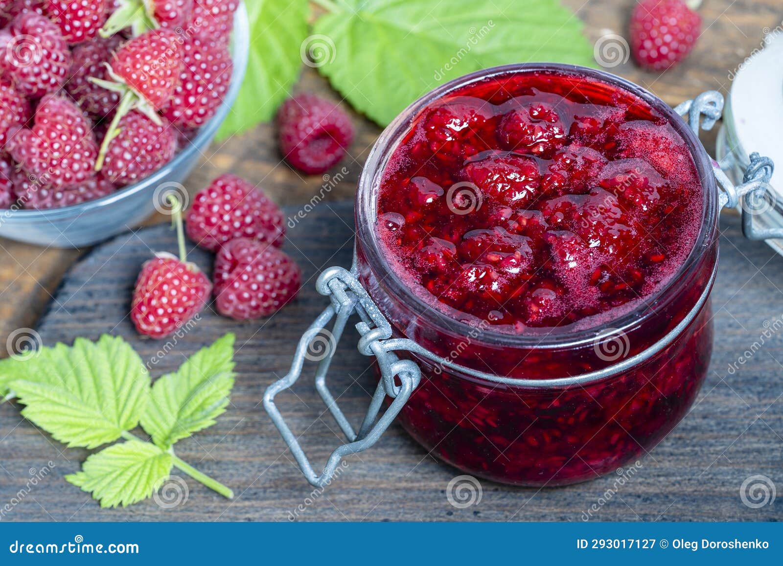 Red Raspberry Jam and Fresh Raspberry on a Wooden Table. Rustic Style ...