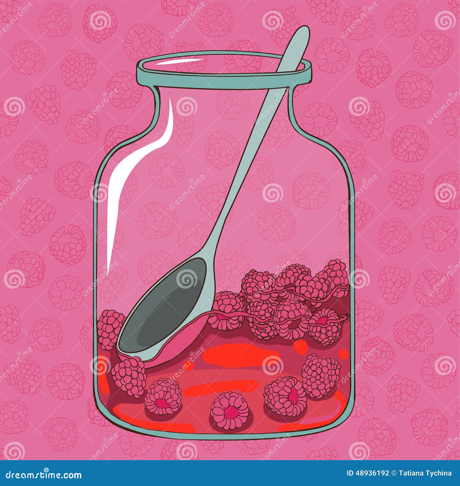Red Raspberry Jam and Seamless Pattern of Delicious Ripe Raspberries ...
