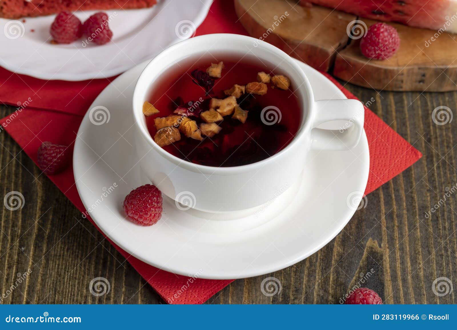 Red Raspberry Tea with Pieces of Fruit and Berries Stock Photo - Image ...