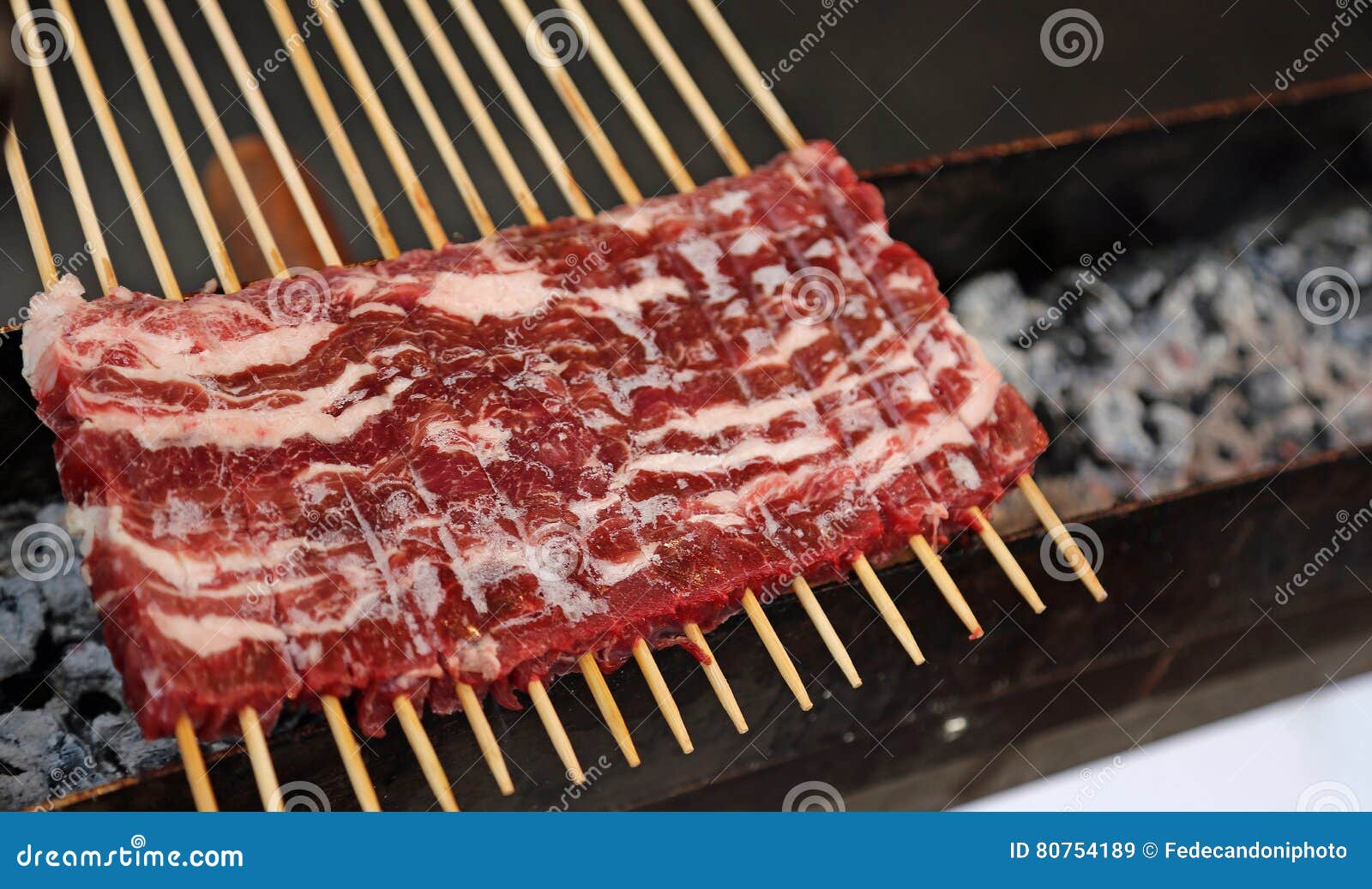 Red Raw Meat while Cooking on the Brazier in a Street Stall Stock Image ...