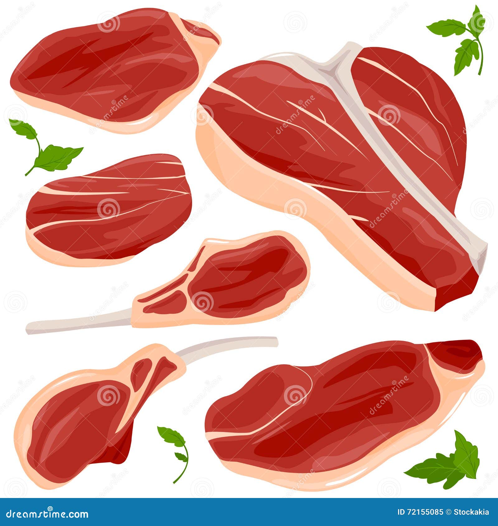 Red Raw Meat and Steaks. Vector Illustration Collection. Stock Vector ...