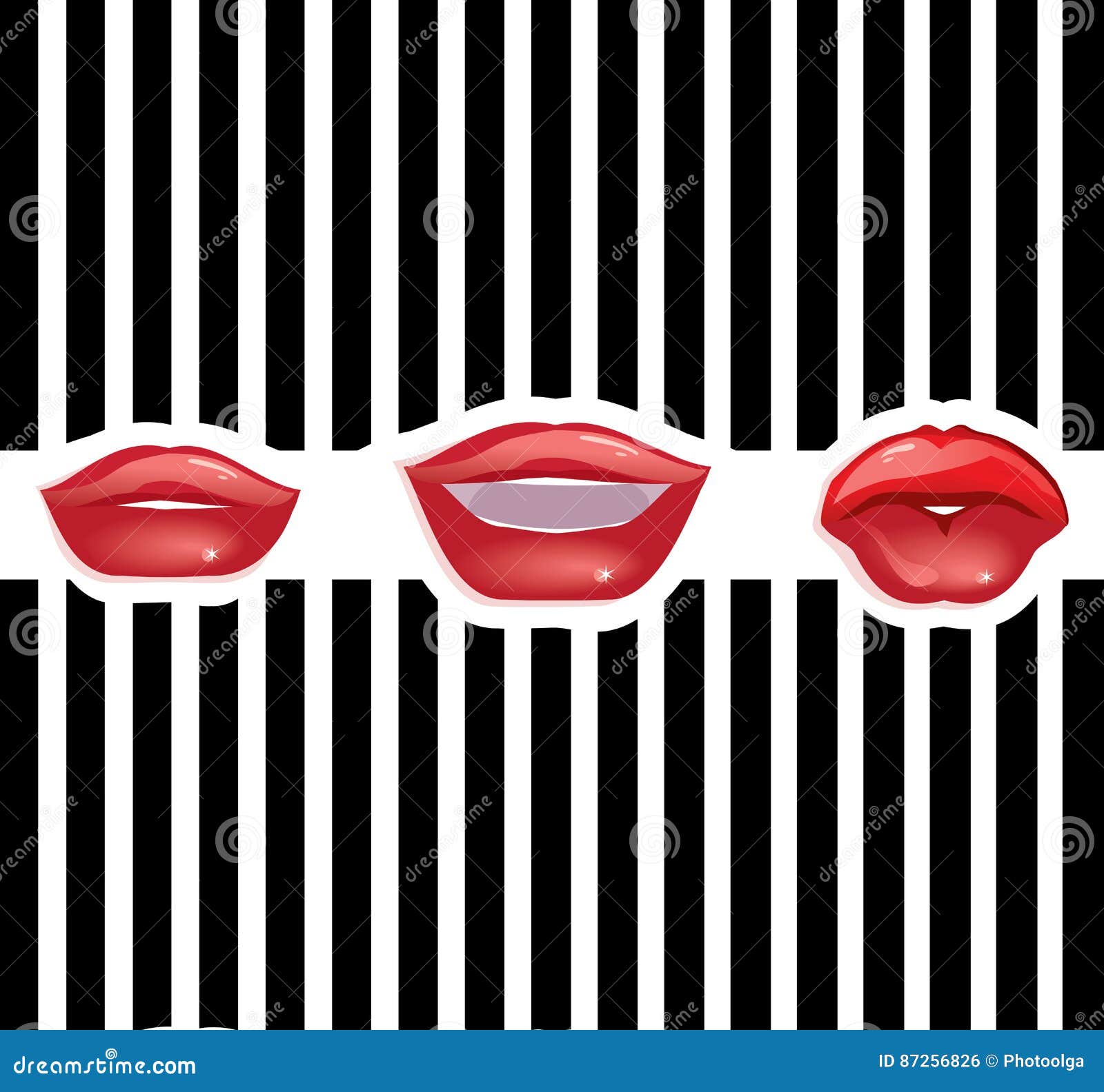 Red Realistic Woman Lips on the Black White Striped Background. Stock ...