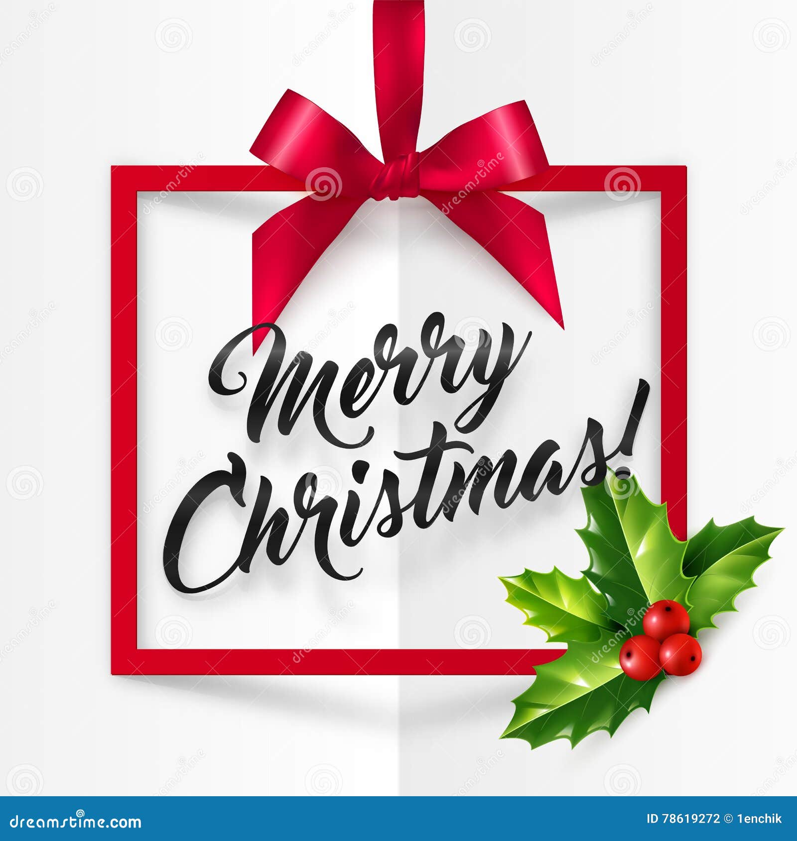 Red Rectangle Vector Frame with Silky Bow, Holly Bunch and Black Ink ...