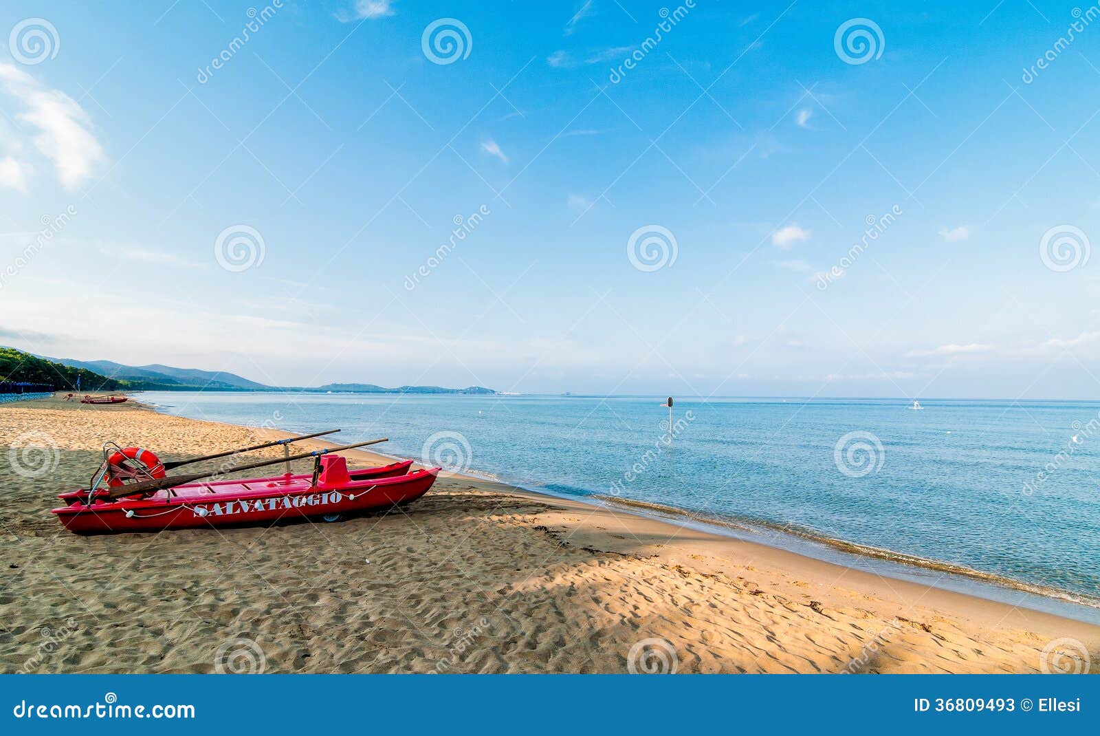 Red Italian Rescue Boat for Tourists on a Sandy Beach. Stock Image ...