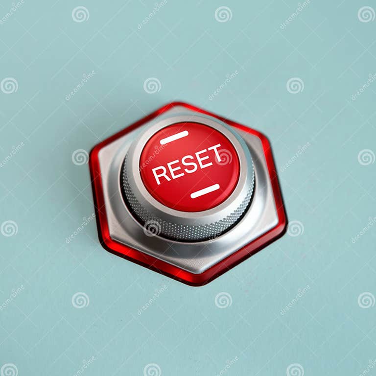 Red RESET Button Mounted on Silver Base Against Light Blue Background ...