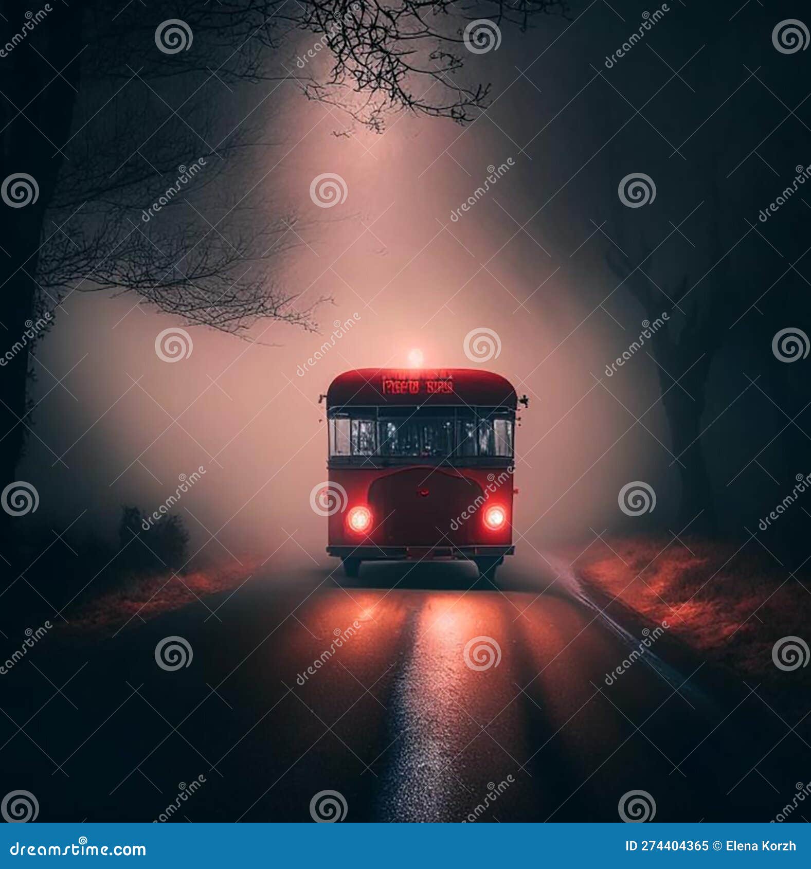 Red retro bus on the road stock illustration. Illustration of darkness ...
