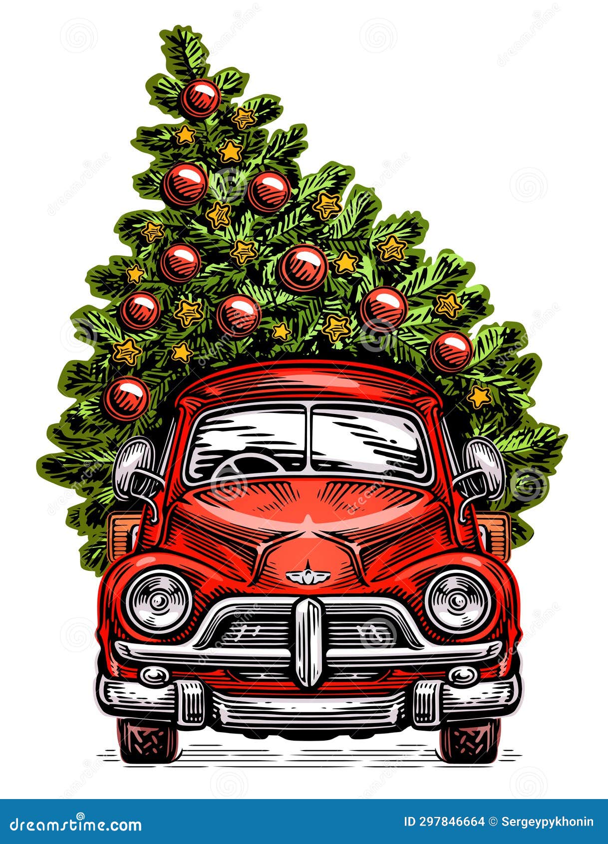 Red Retro Car with a Christmas Tree. Vector Illustration Stock ...