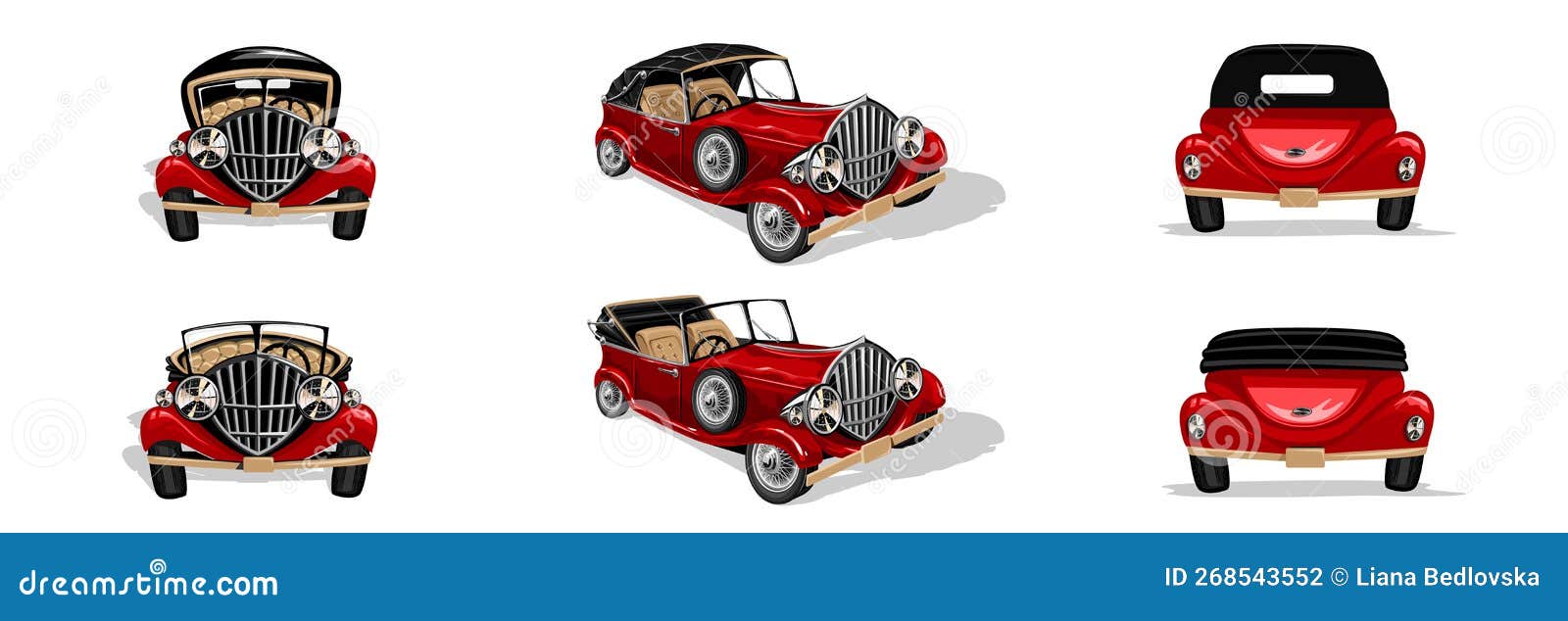 Set of Red Convertible from Different Angles in Retro Style Stock ...