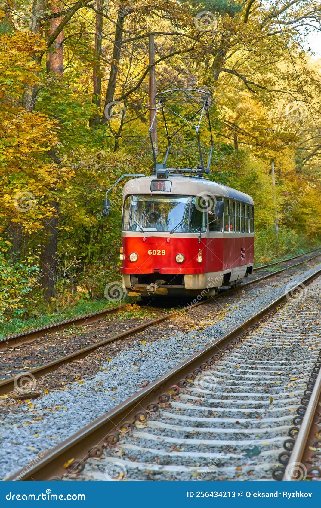 Red Retro Tram Goes Along the Route Stock Image - Image of tram, rail ...
