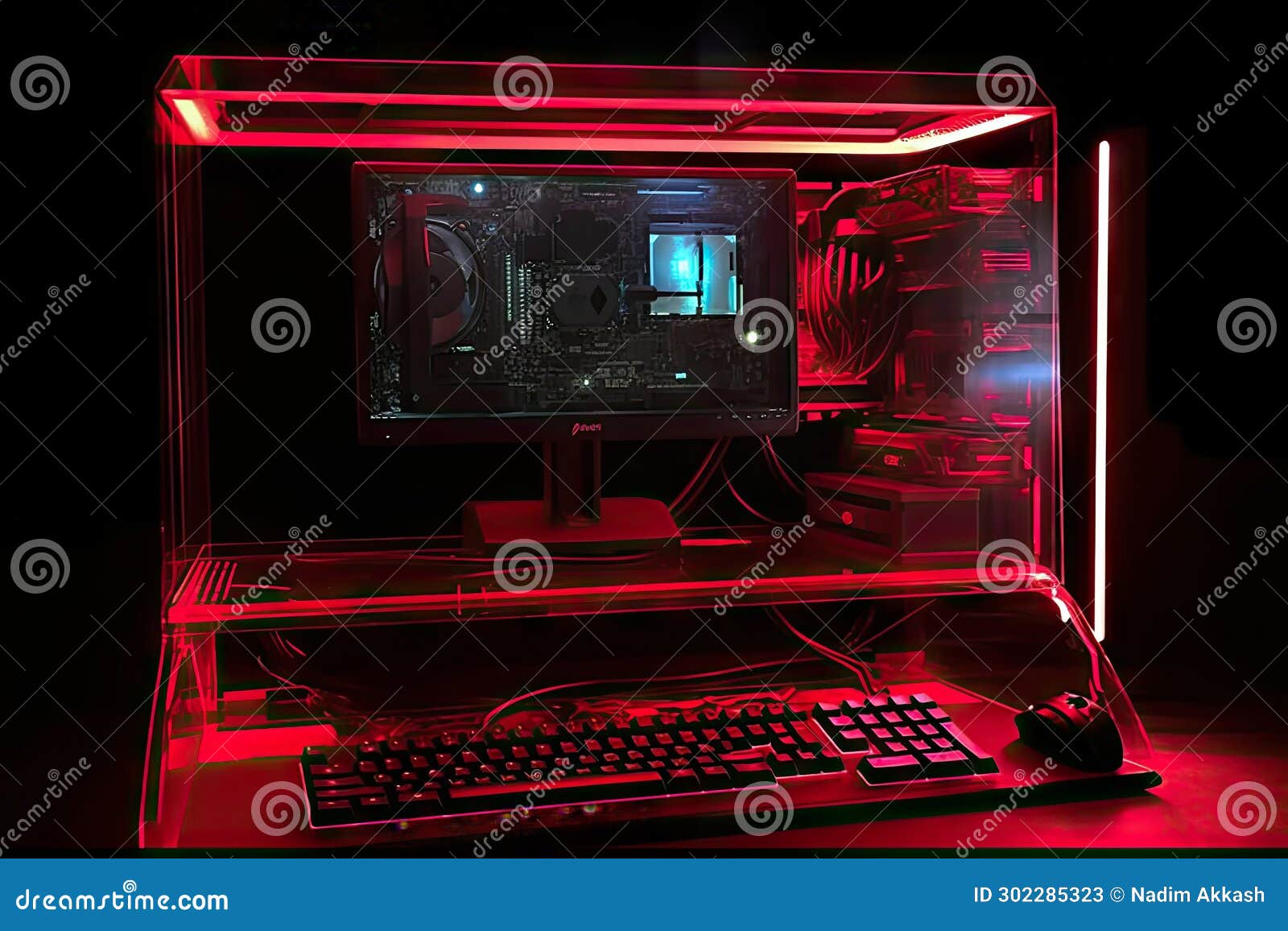 Red Rgb Battle Station Rendering Gaming Pc Led Case Mechanical Keyboard ...