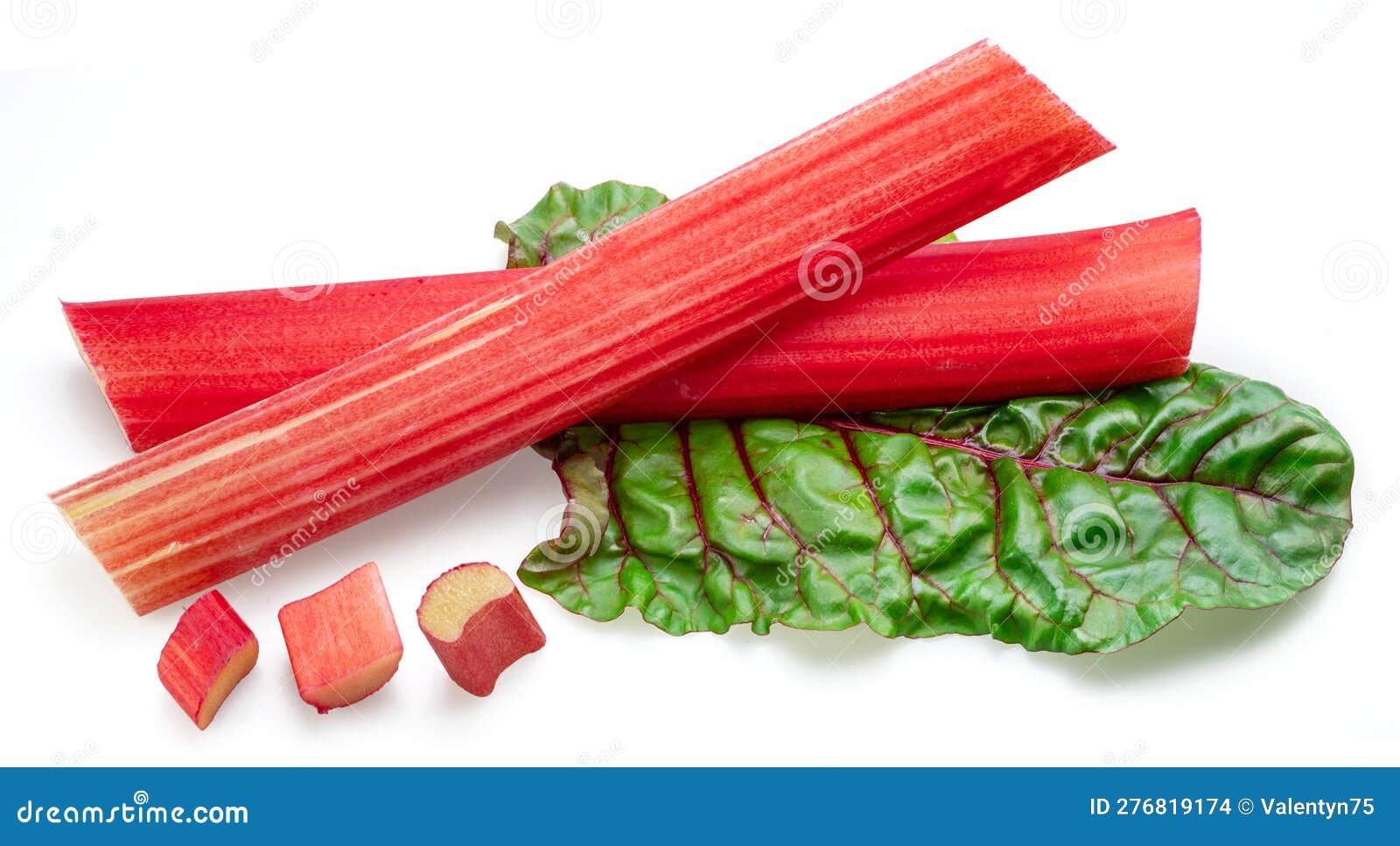 Red Rhubarb Stems Cuts Over Rhubarb Leaves Isolated on White Background ...