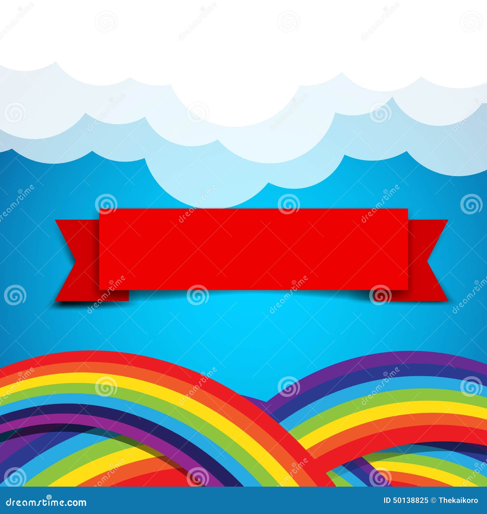Red Ribbon Banner On Rainbow Clound And Sky Background Cartoon Vector ...