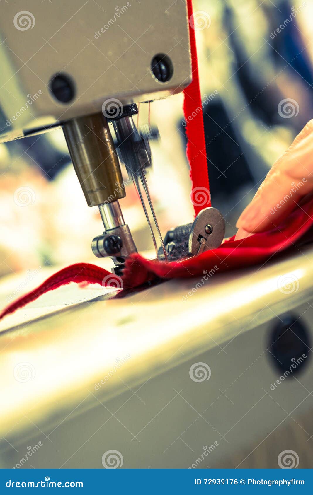Red Ribbon and Cloth Stitched on Sewing Machine Stock Photo - Image of ...