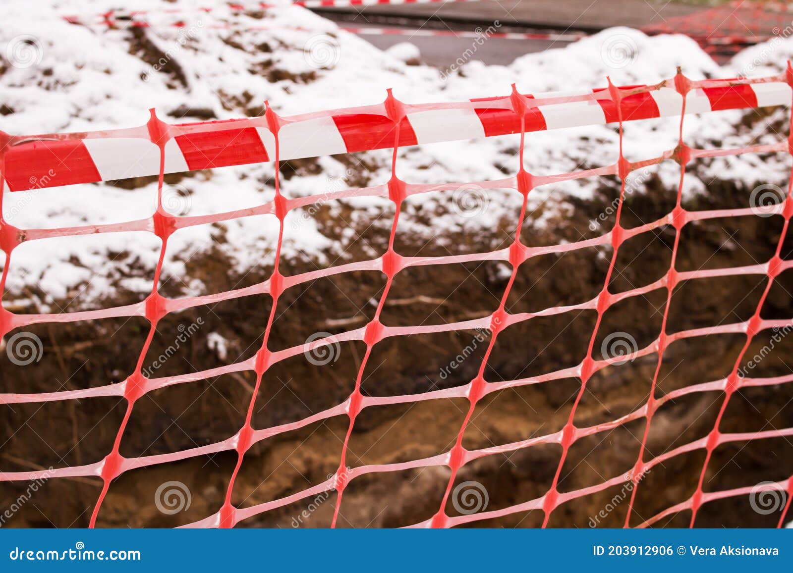 Red Ribbon on Construction Work Fence Closeup Stock Photo - Image of ...