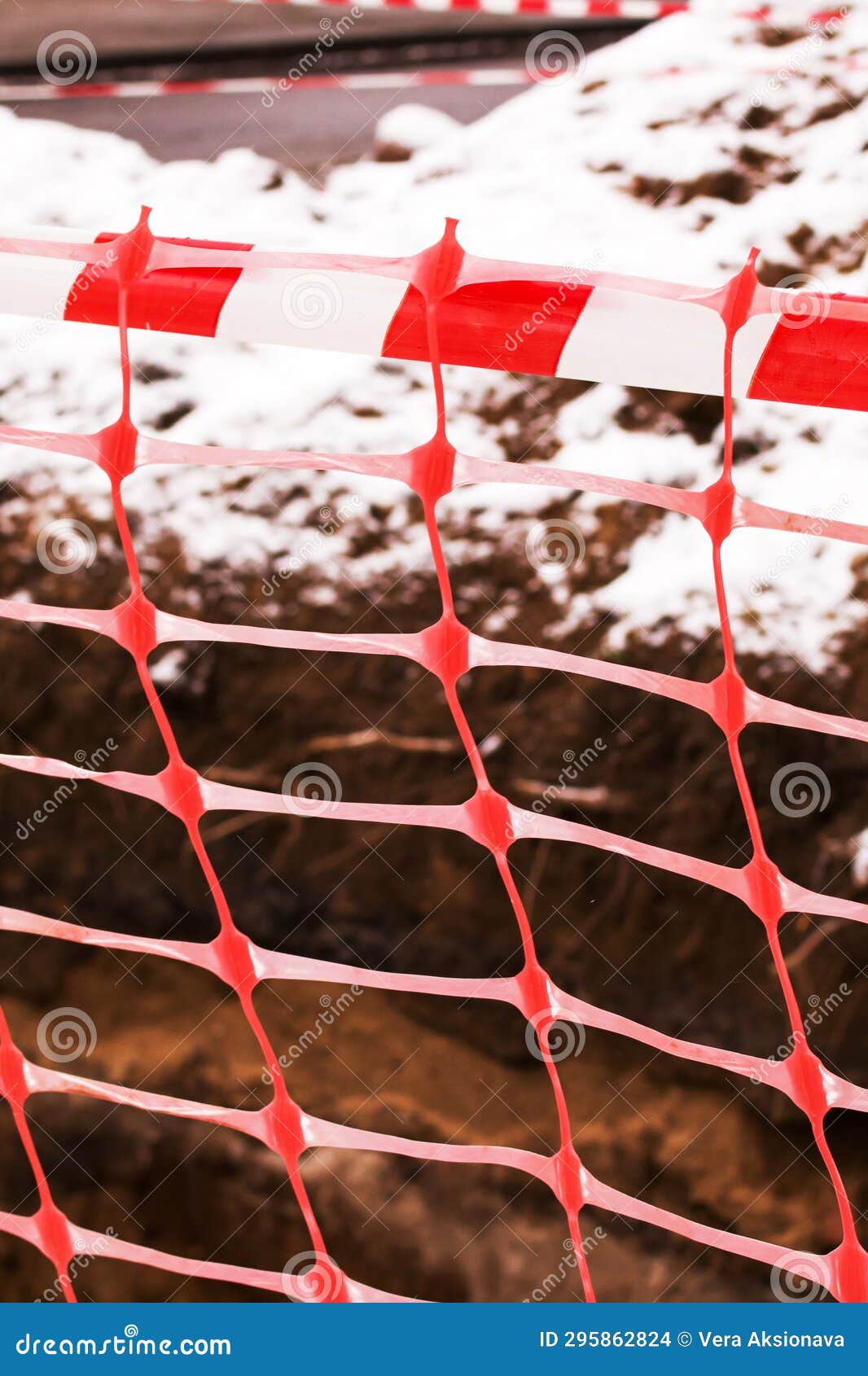 Red Ribbon on Construction Work Fence Closeup Stock Photo - Image of ...