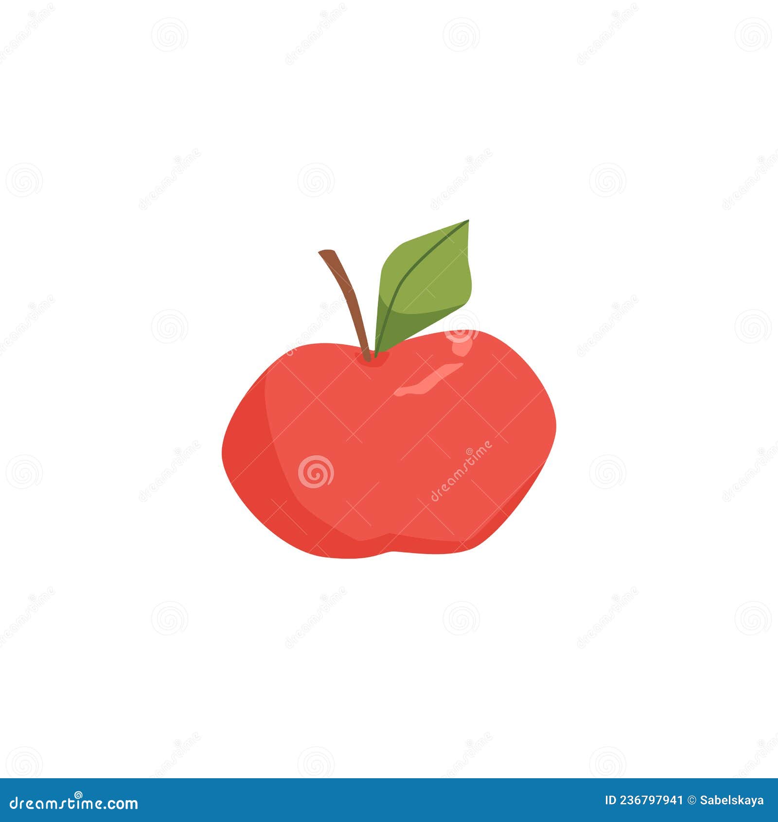Red Ripe Whole Apple With Green Leaf In Flat Vector Illustration