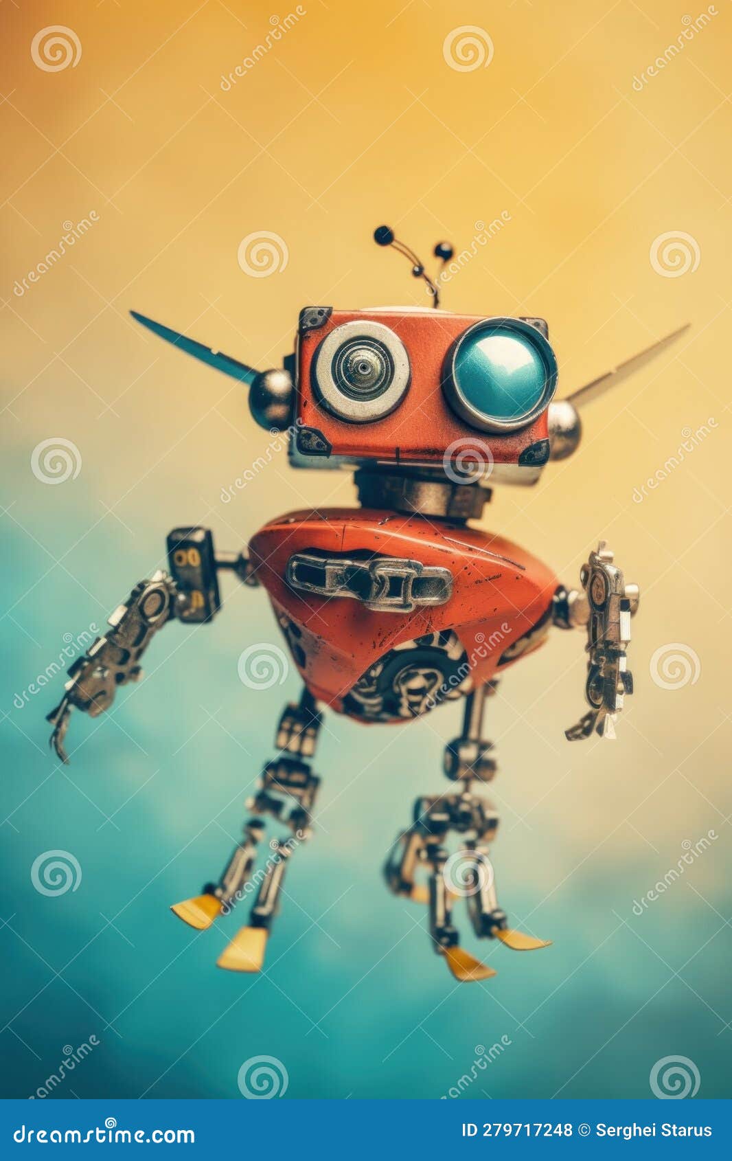 A Red Robot with Blue Eyes Flying through the Air. Generative AI Image ...