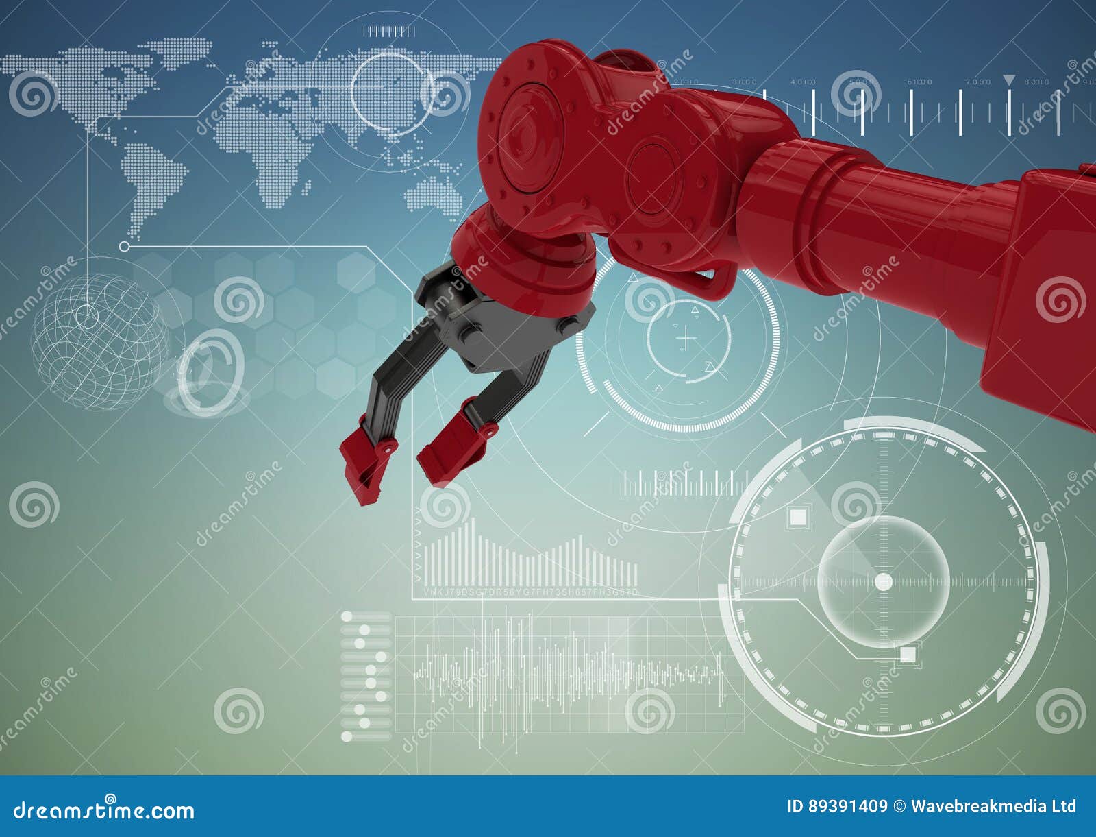 Red Robot Claw Against White Interface and Blue Green Background Stock ...