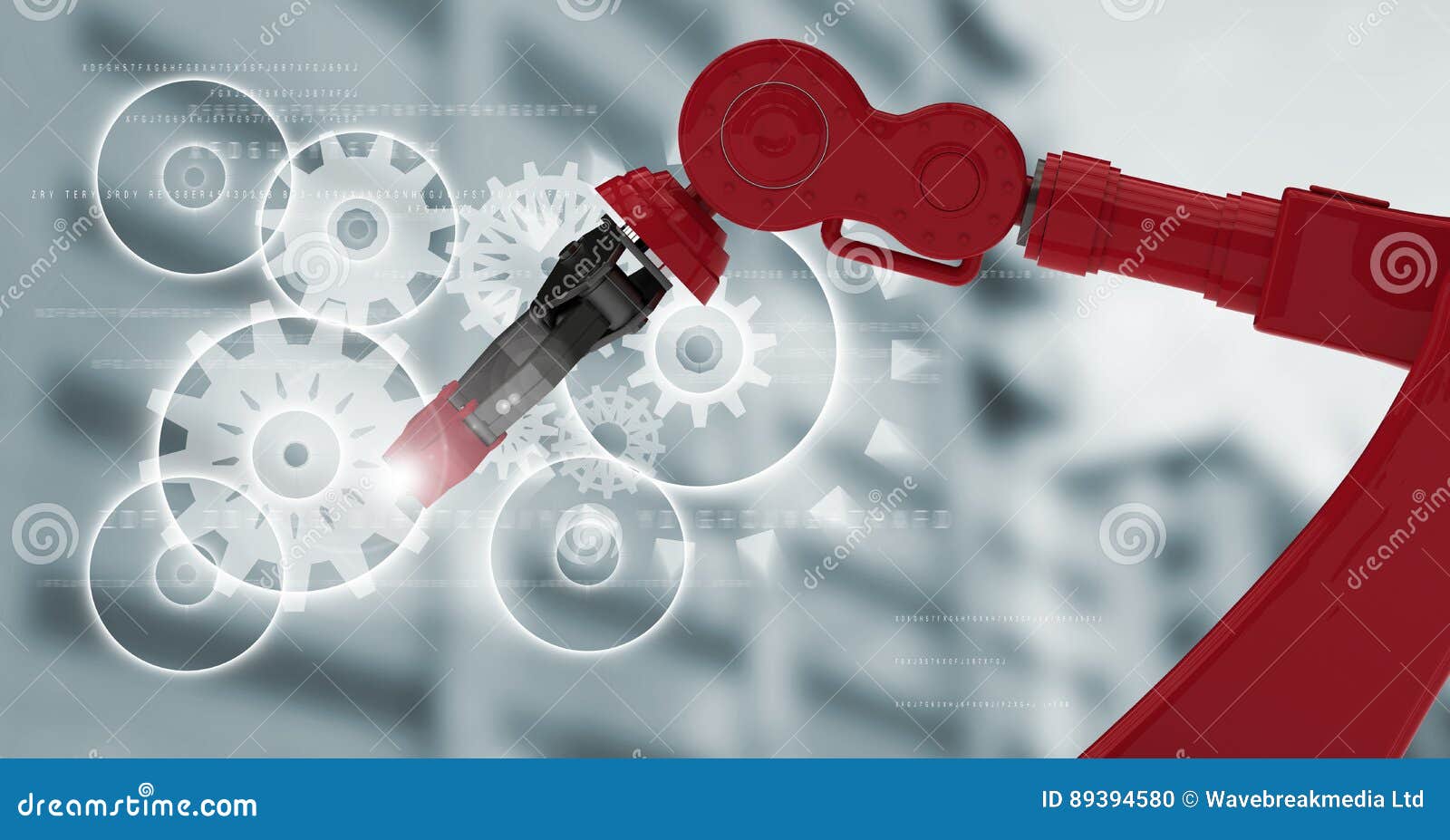 Red Robot Claw with Flare Against White Cog Graphics and Blurry ...