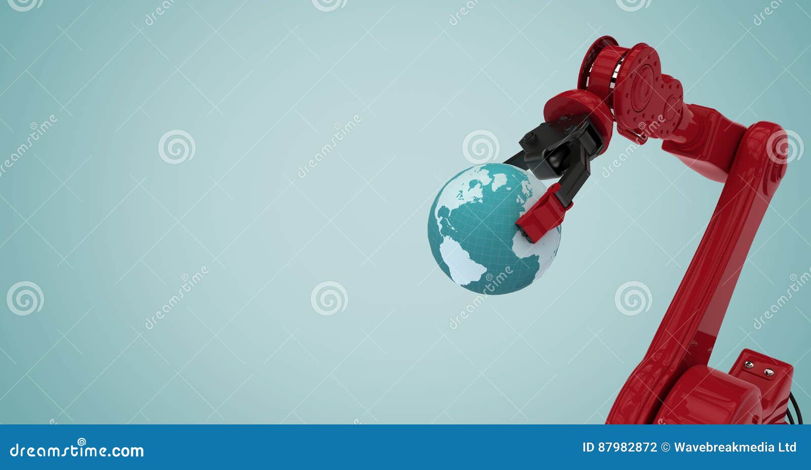 Red Robot Claw Holding Globe Against Light Blue Background Stock ...