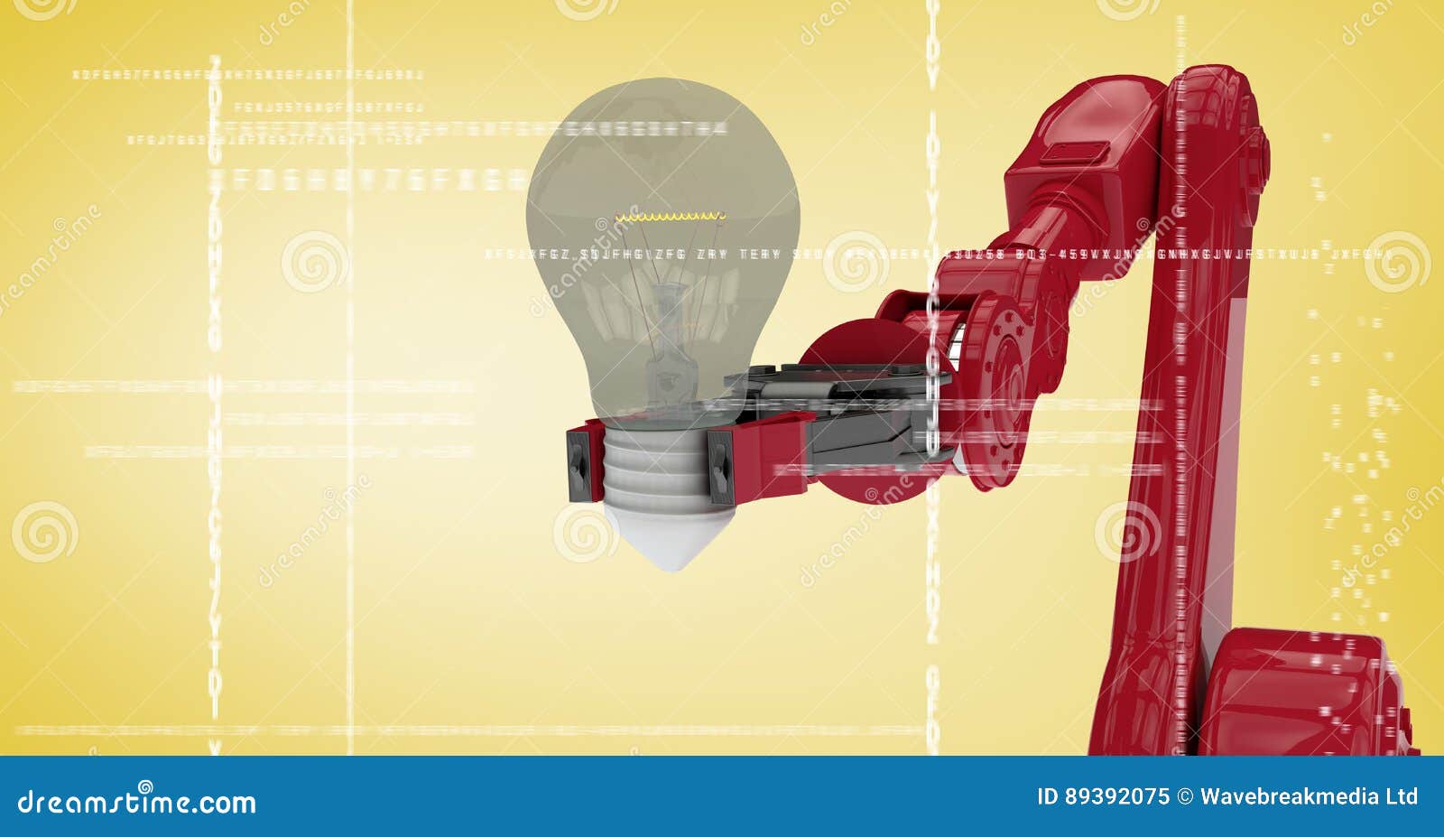 Red Robot Claw with Light Bulb Behind White Interface Against Yellow ...