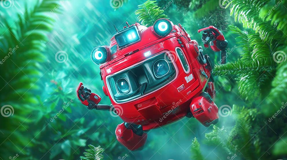 Red Robot Exploring Lush Jungle Environment with Futuristic Technology ...