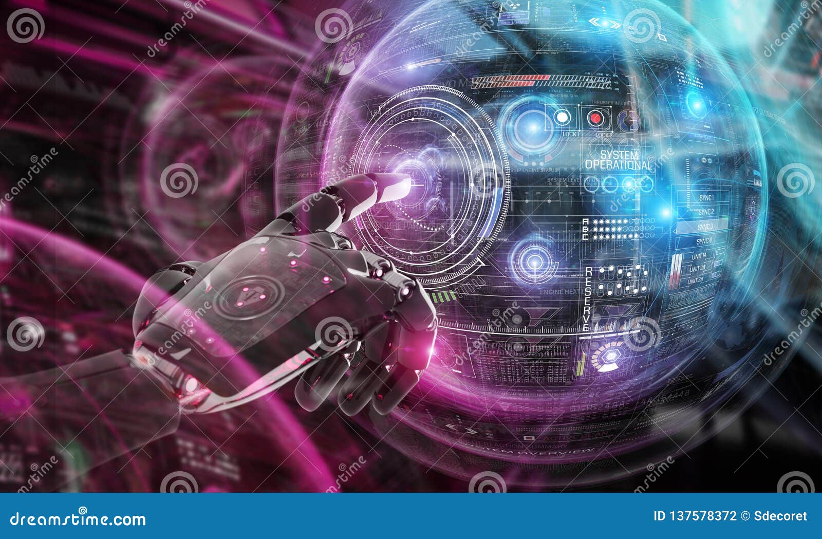 Red Robot Hacking a Globe System Interface 3D Rendering Stock ...