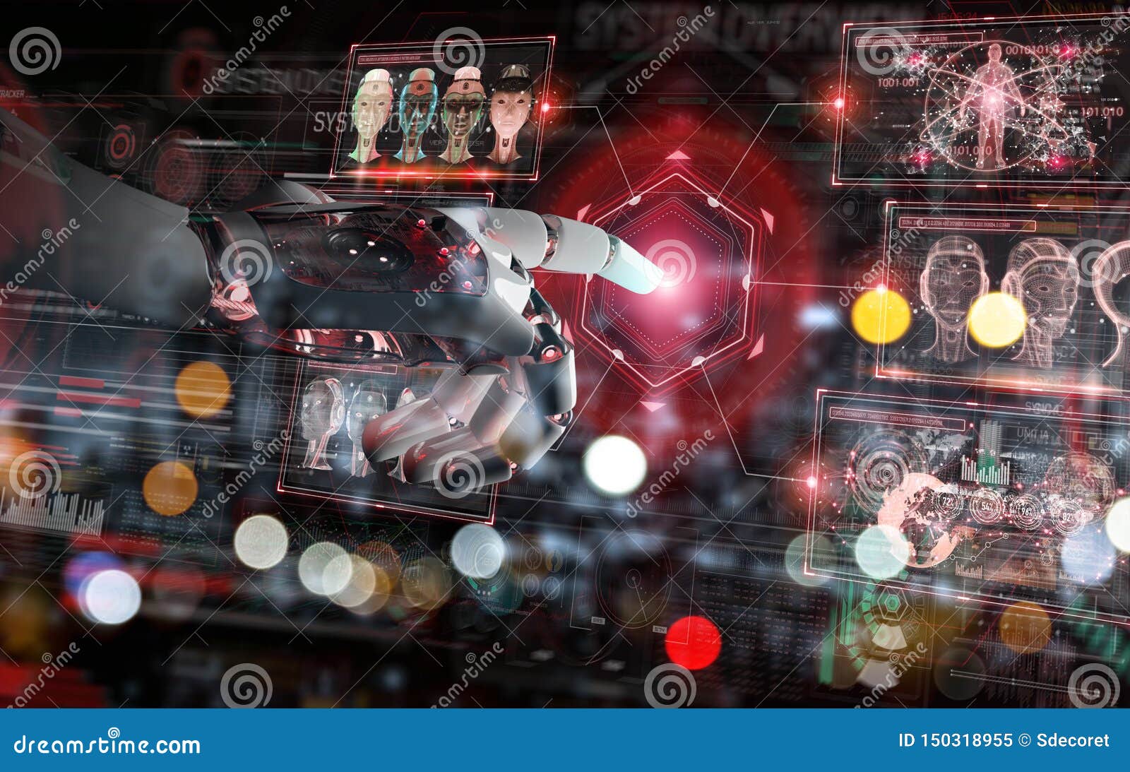 Red Robot Hacking a System with Digital Screens 3D Rendering Stock ...