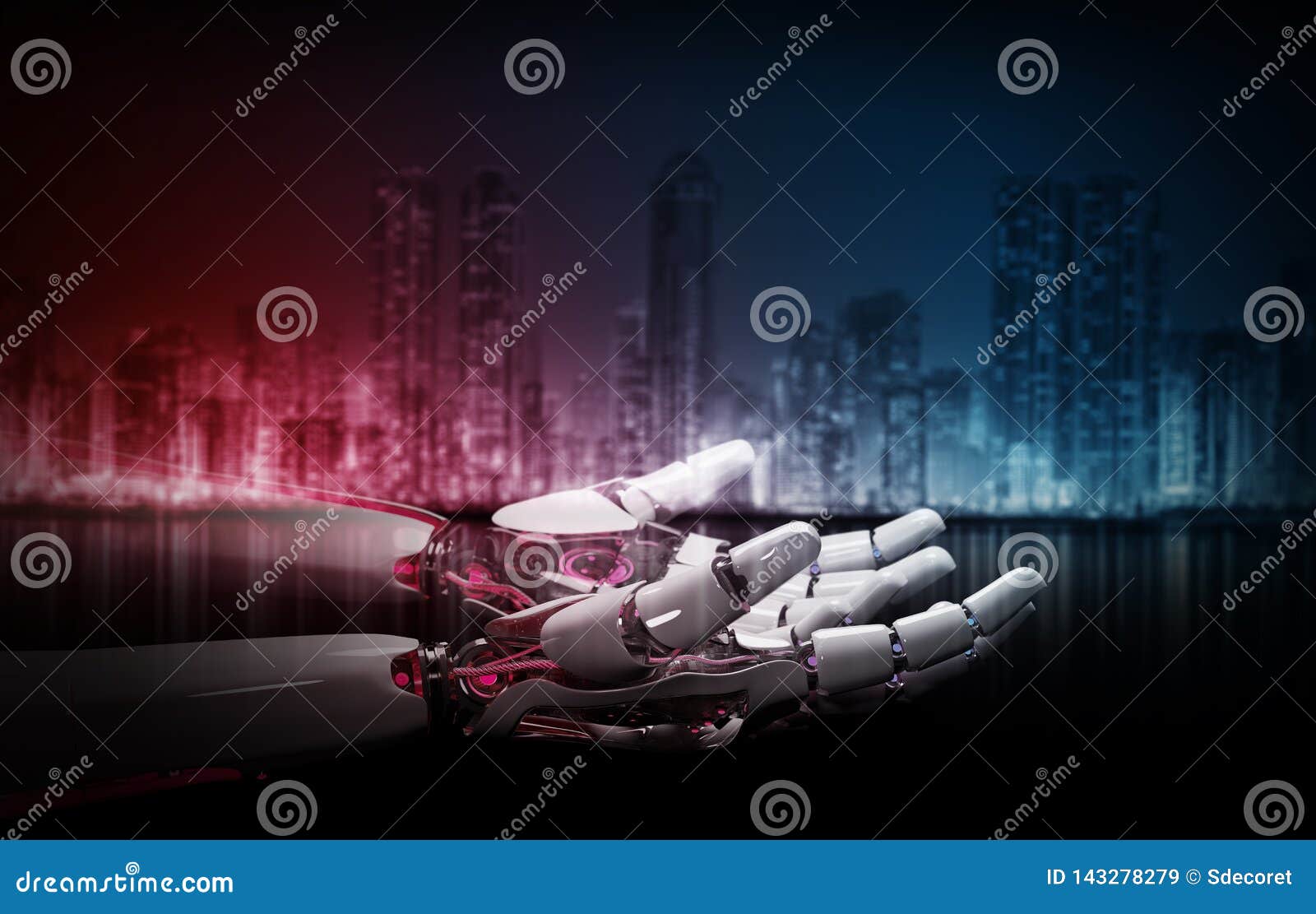 Red Robot Hand Making Contact with Human Hand 3D Rendering Stock ...