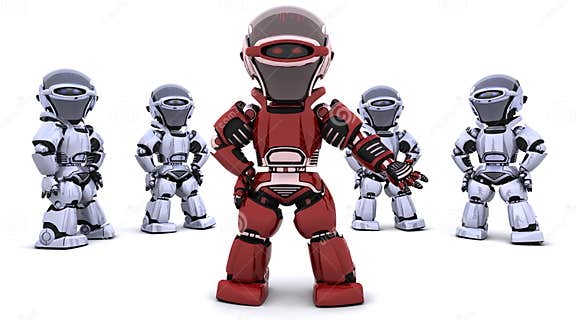 Red robot leading a team stock illustration. Illustration of cute ...