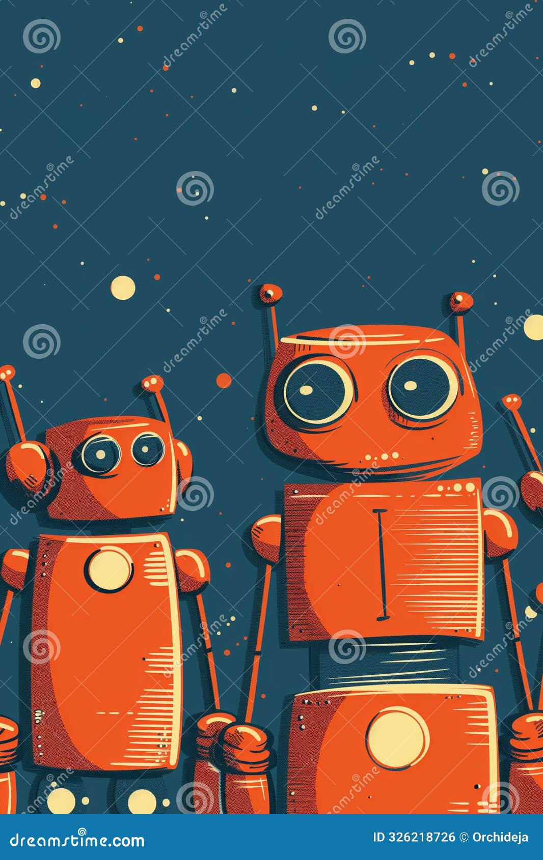 Red Robots Stand in Space with a Blue Background and Stars. Generative ...