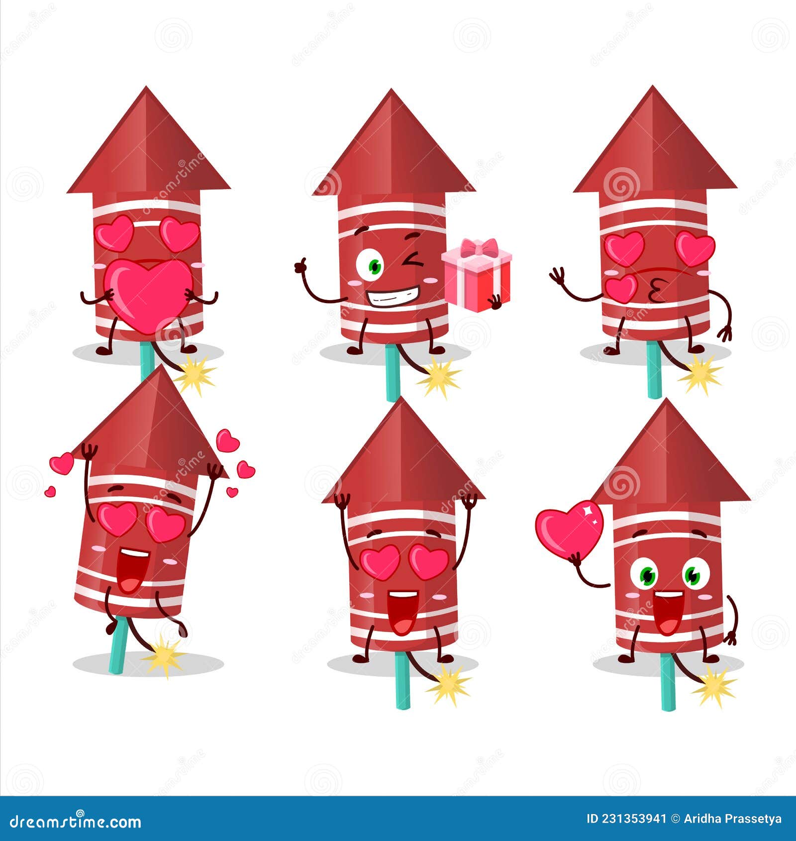 Red Rocket Firework Cartoon Character With Love Cute Emoticon ...