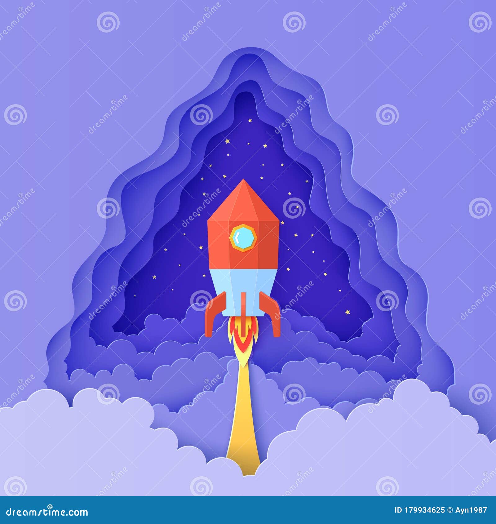 Red Rocket Launch in Space in Paper Cut Style. Triangular Layered Frame ...