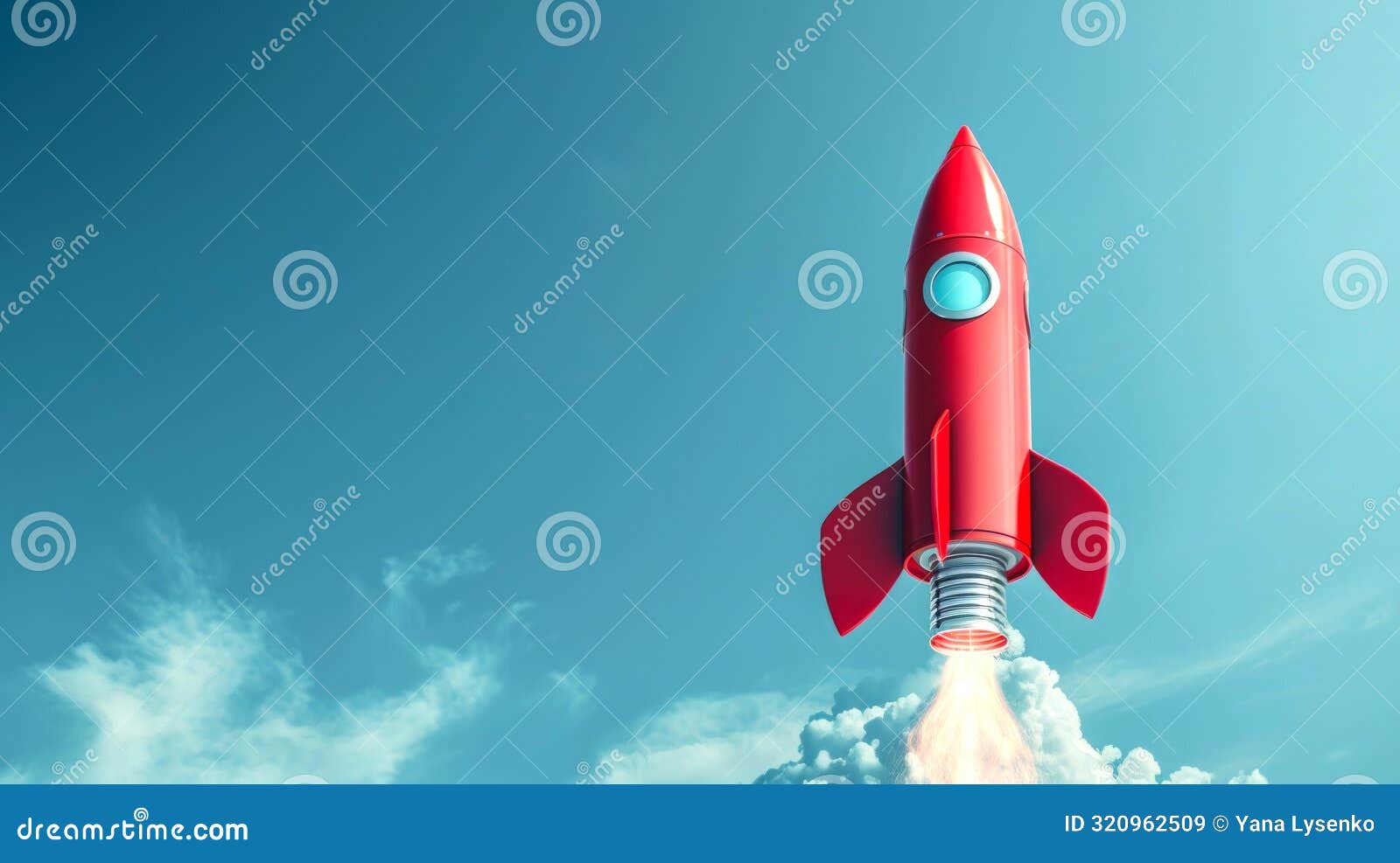 Red Rocket Launching into Sky with Clouds in Background. Symbol of ...
