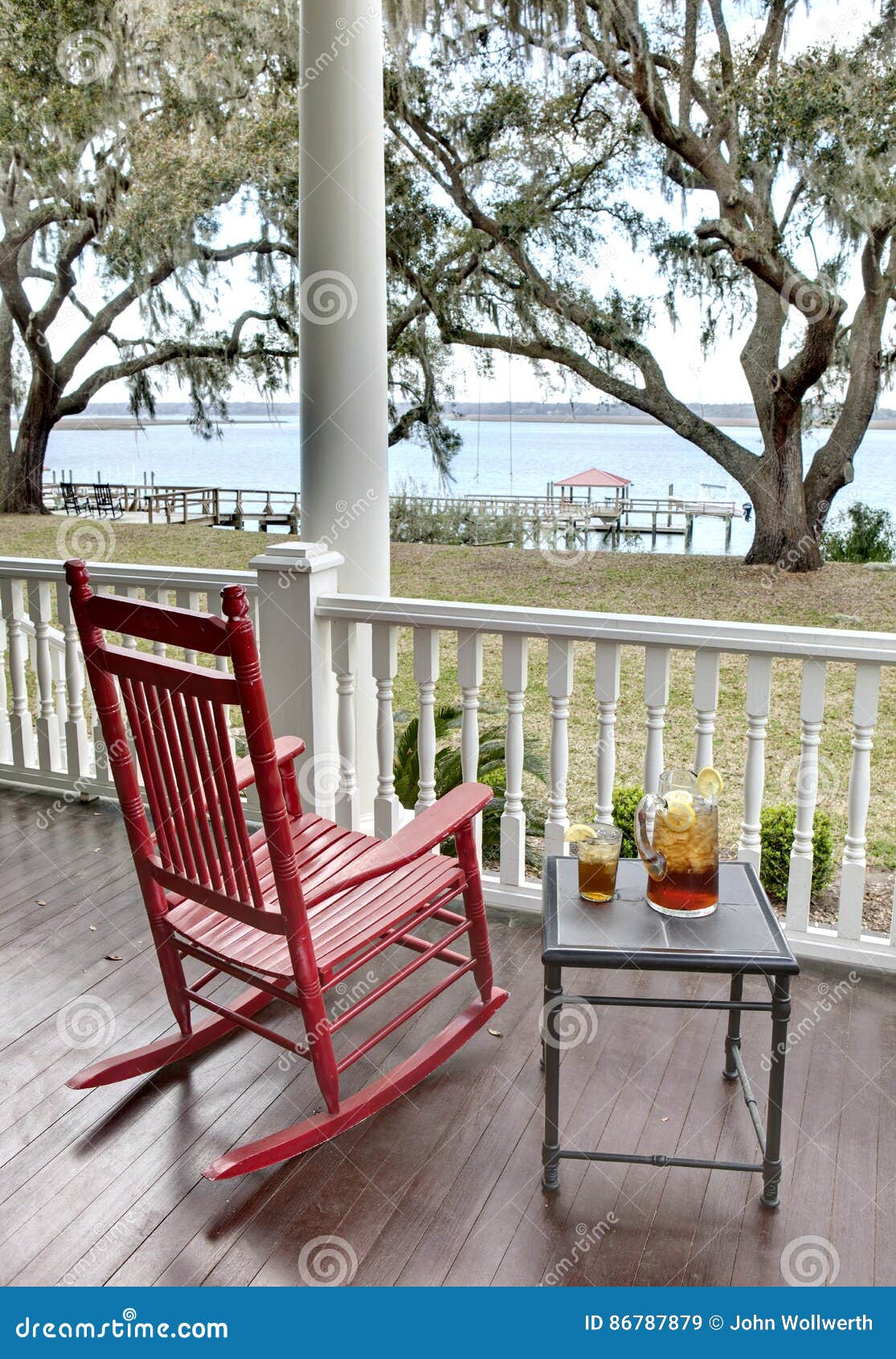 Red Rocking Chair and Iced Tea Stock Image - Image of angle, style ...