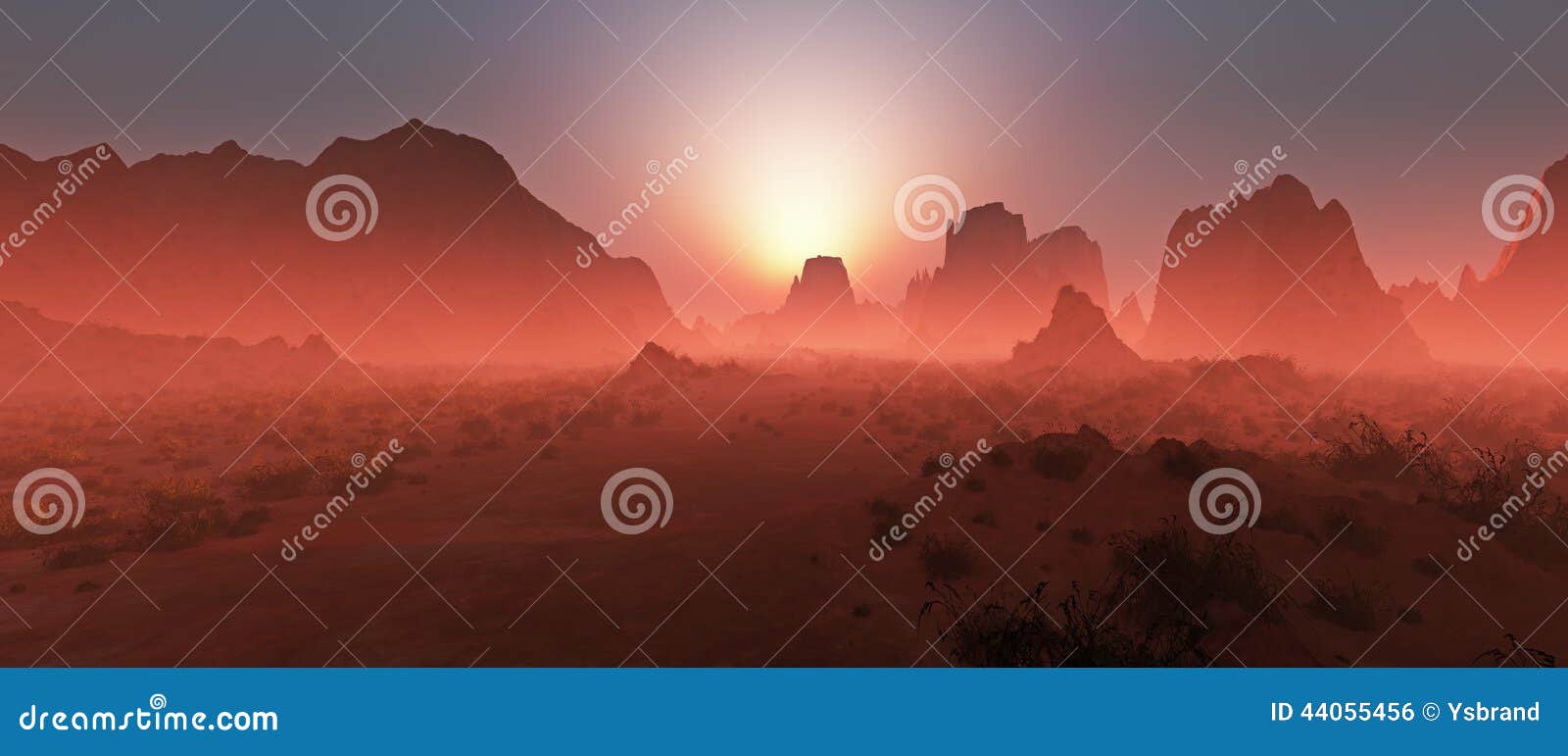 Red Rocky Desert Landscape in the Mist at Sunset. Stock Illustration ...