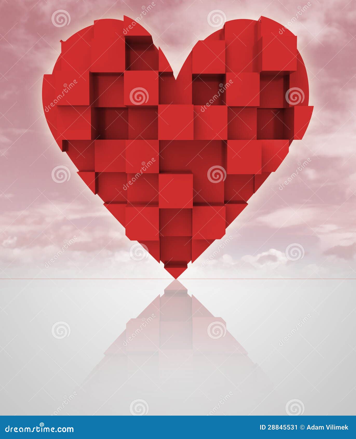 Red Romantic Dimensional Cubic Heart with Cloudy Sky Stock Illustration ...