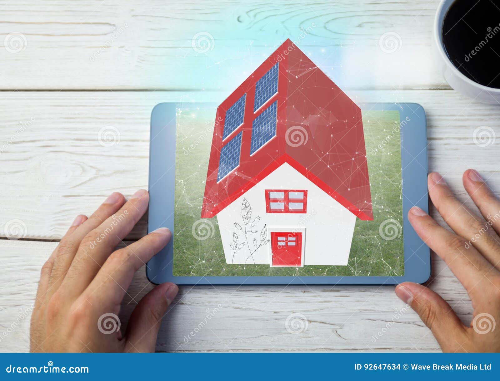 Red Roof House on Tablet. with Table Stock Photo - Image of computing ...